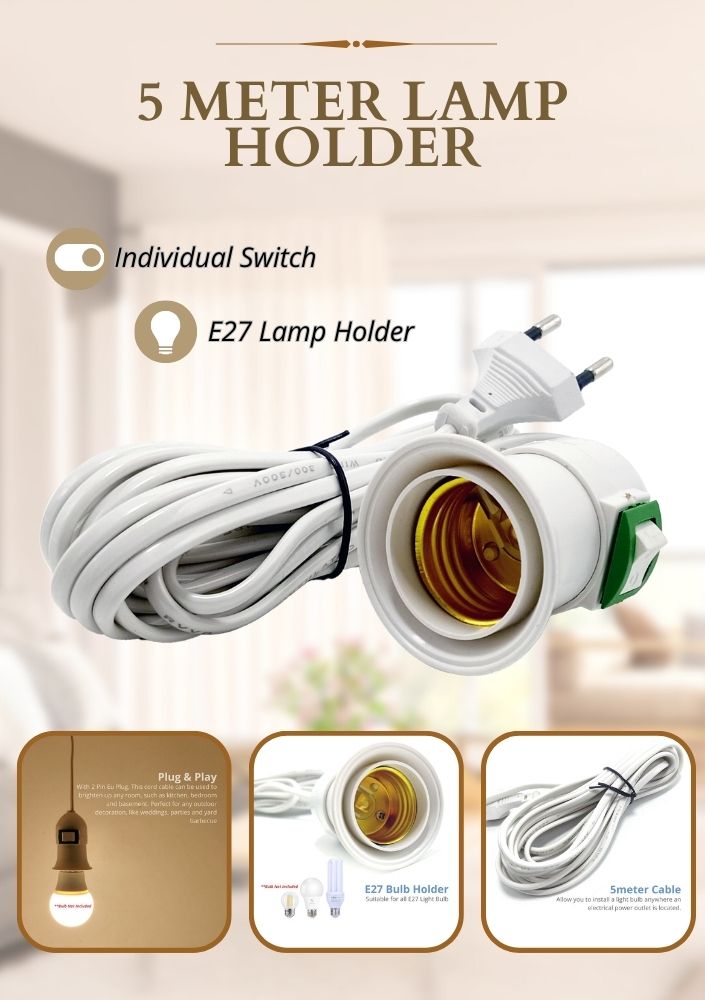 (EU 2PIN) Premium ES27 Lamp Holder Extension With 5M Cable 2 Pin Plug ...
