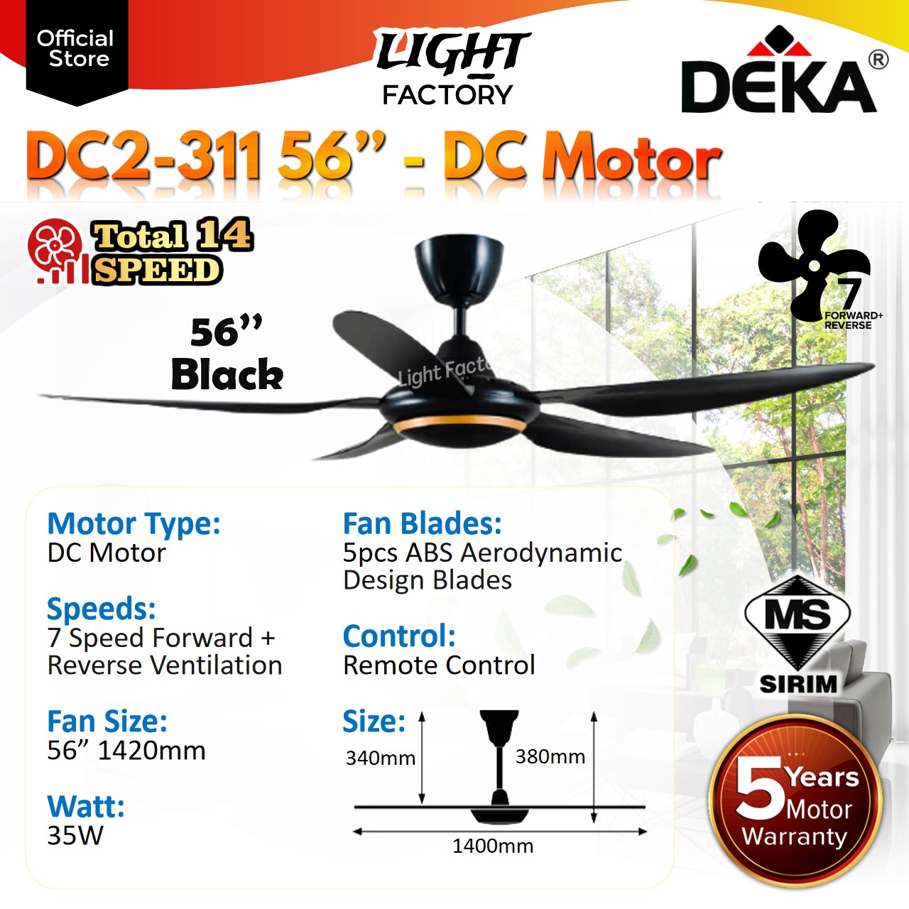 🔥SIRIM🔥 DEKA DC2-311 DC2-313LED 56" 5 Blades DC Ceiling Fan Upgraded 7 ...