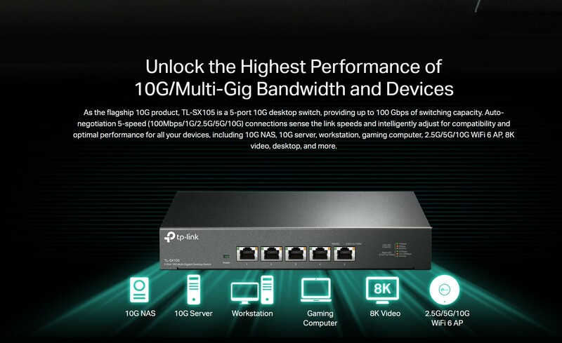 TP-LINK Tplink 5Port 5x 10G 10000Mbps Multi Gigabit Desktop Switch RJ45 ...