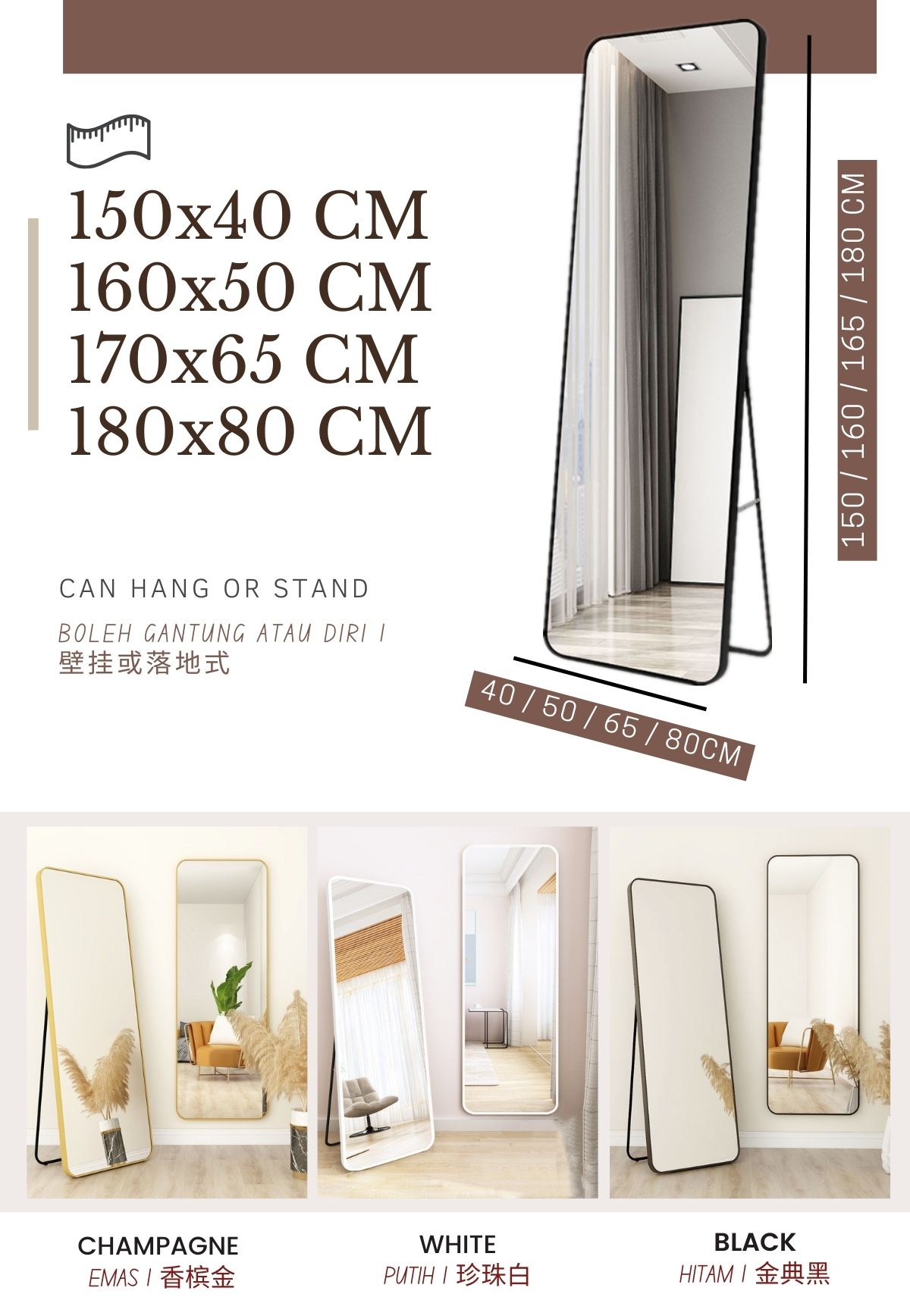 RE Cermin panjang standing long mirror stand cermin full body mirror ...