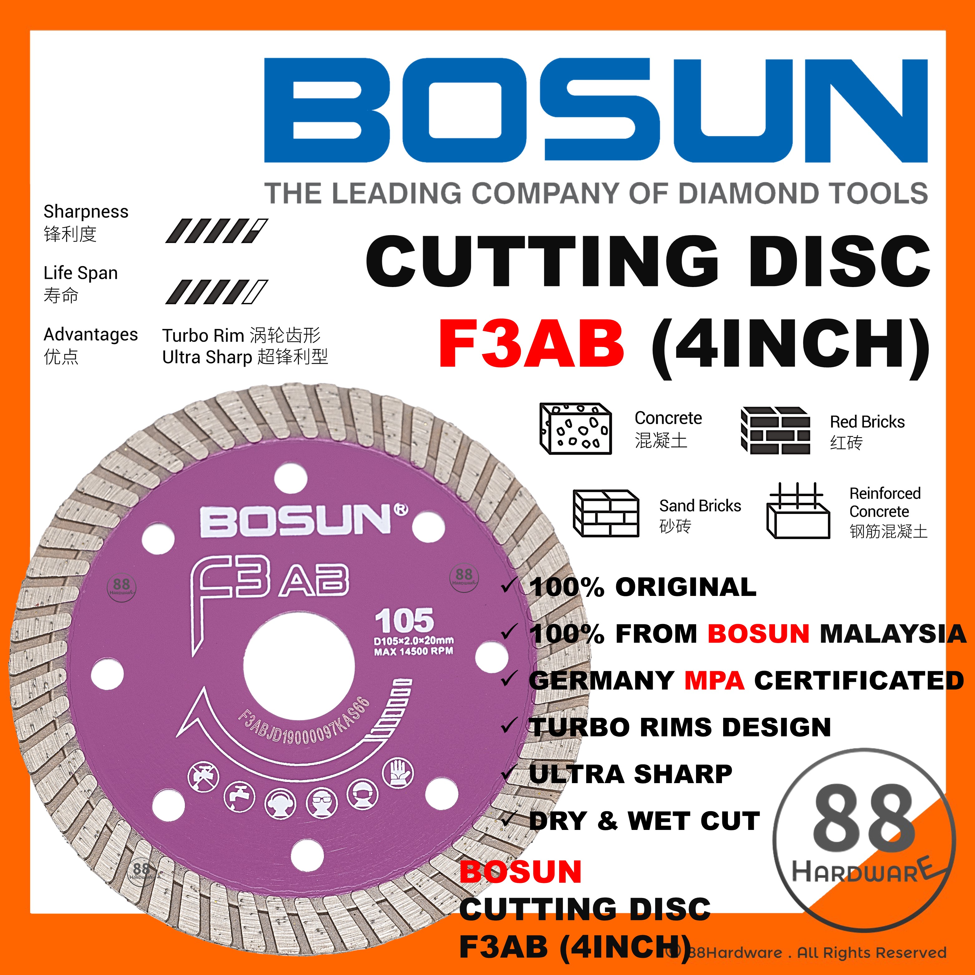 【100% ORI】 BOSUN 4“ diamond cutting wheel / tiles granite concrete ...