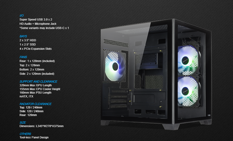 Tecware VXM2 Dual Chamber ARGB MATX Gaming Case - Black / WHITE WITH ...
