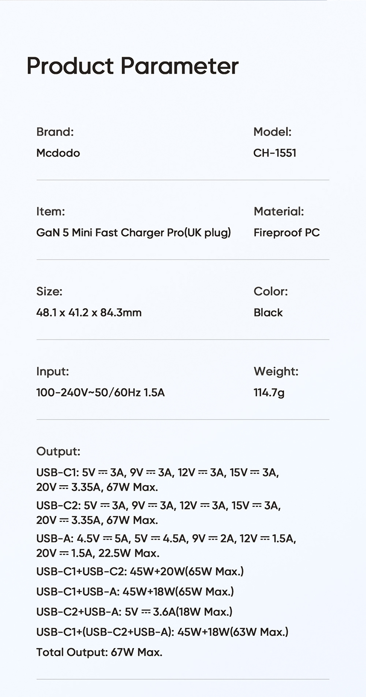 MCDODO CH 155 Fast Charger GaN 70W Quick Charge 4.0 3.0 USB C PD ...