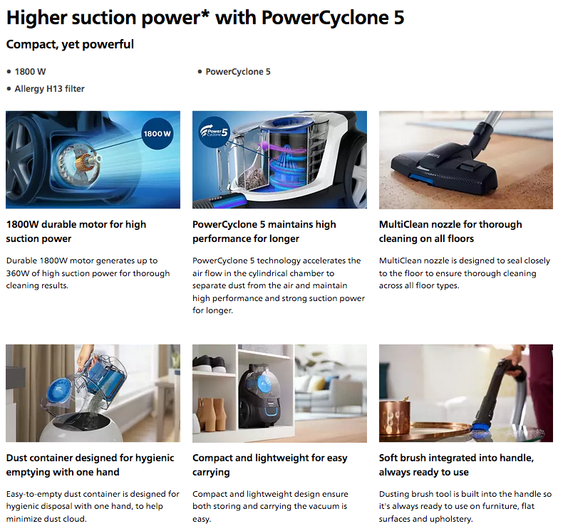 Philips Bagless Canister Vacuum Cleaner PowerCyclone Hepa Filter Strong ...