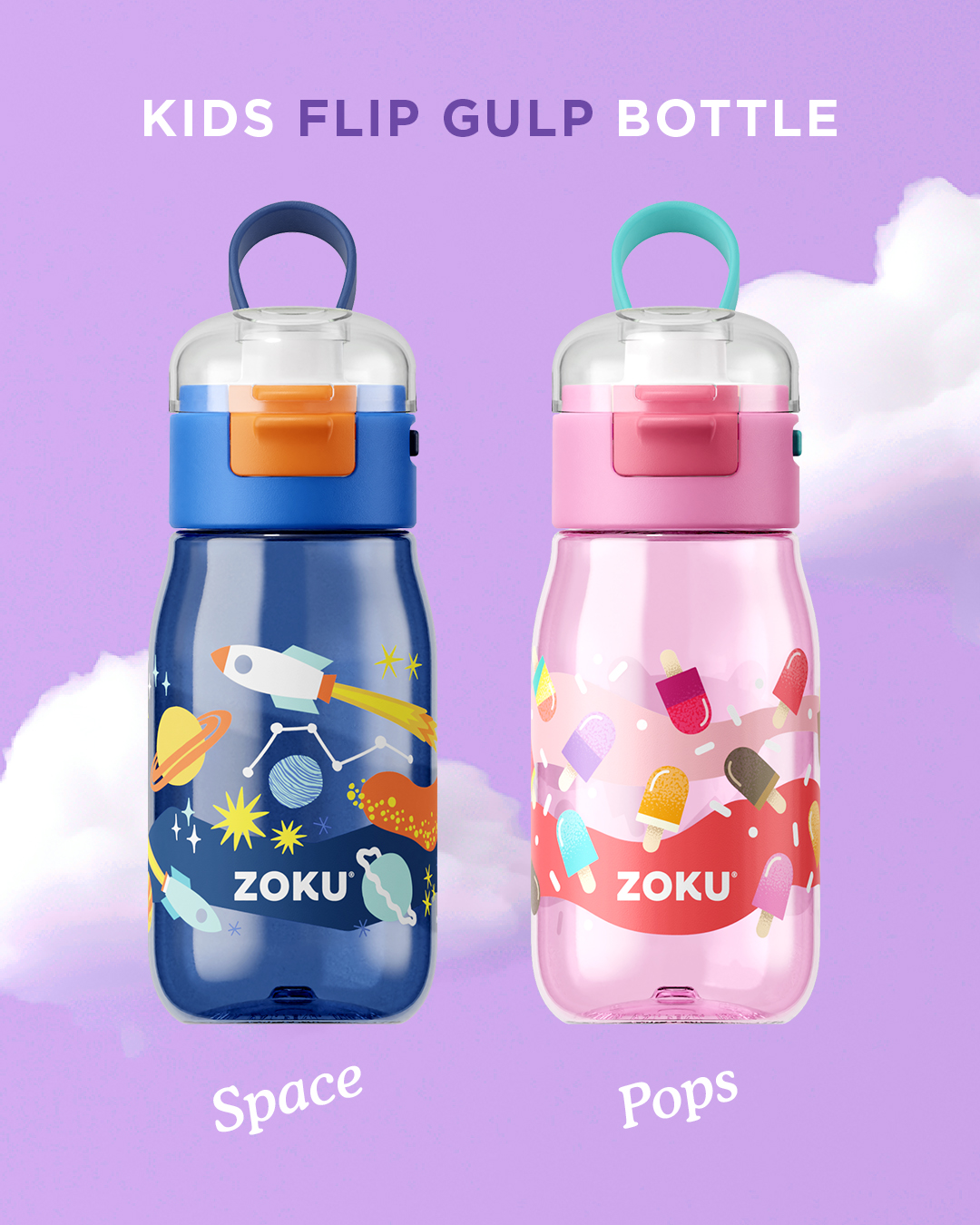 Zoku Kids Flip Gulp Water Bottle (16oz / 475 ml) Kid Bottle Children ...