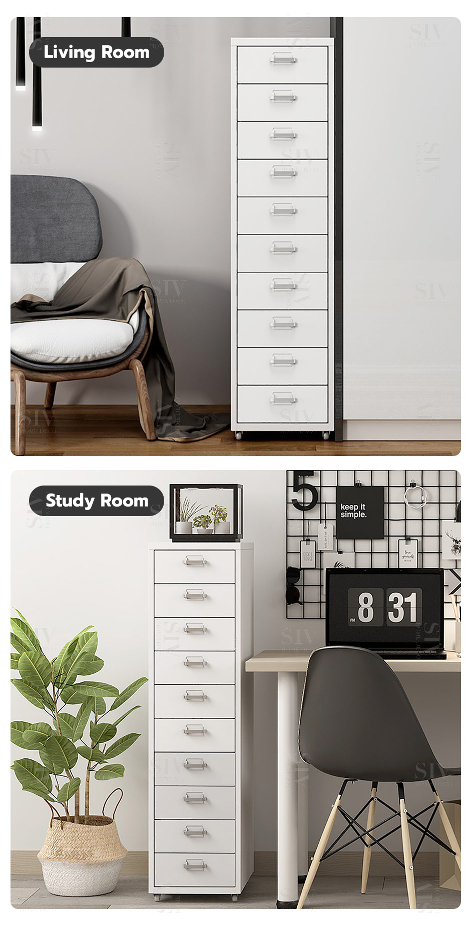 SIV 3-8 Metal Drawer cabinet, Mobile File Cabinet with Wheels, Home ...