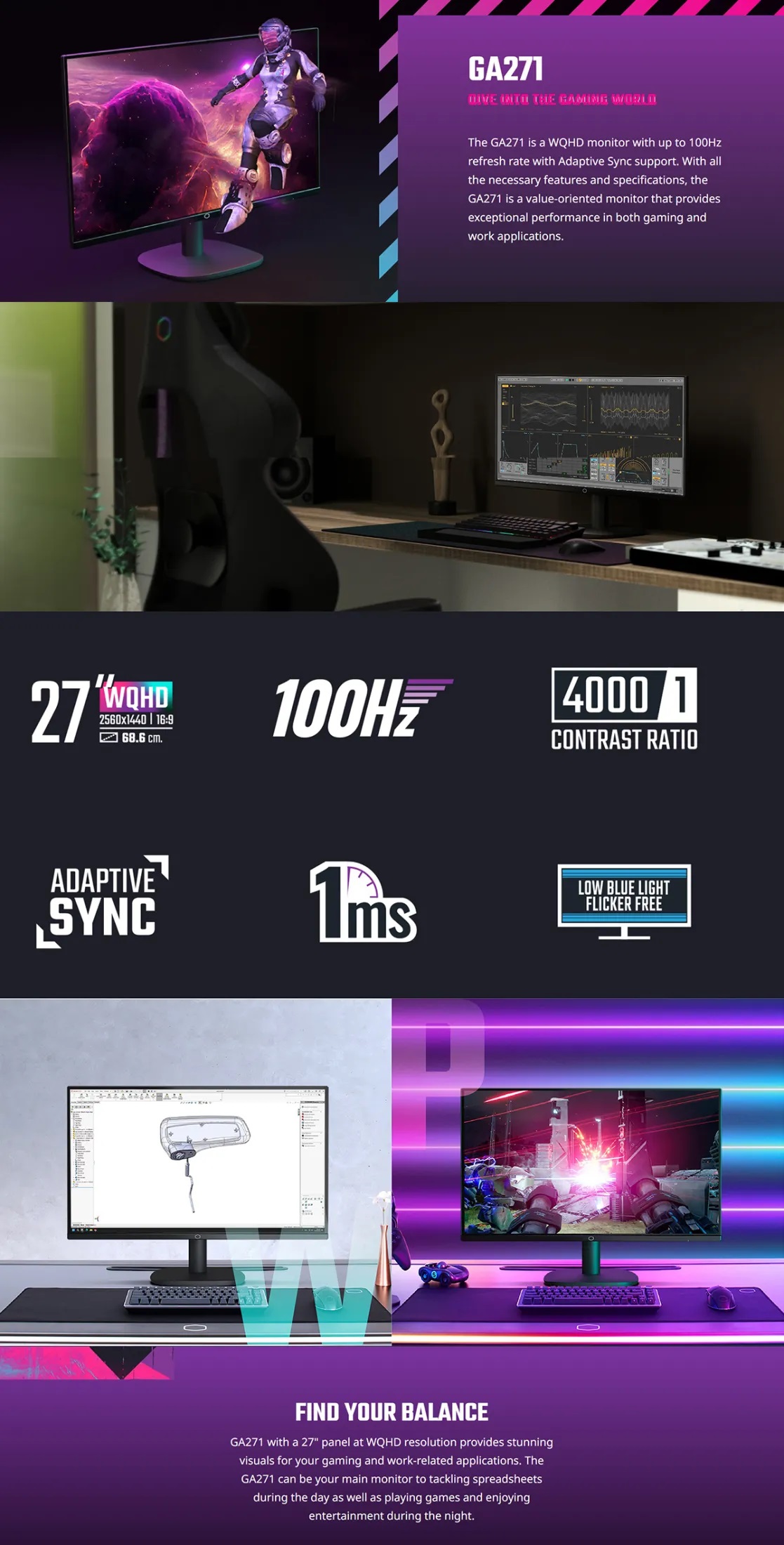 Cooler Master GA271 27 QHD 2K Gaming Monitor – QHD (2560x1440) 100Hz ...