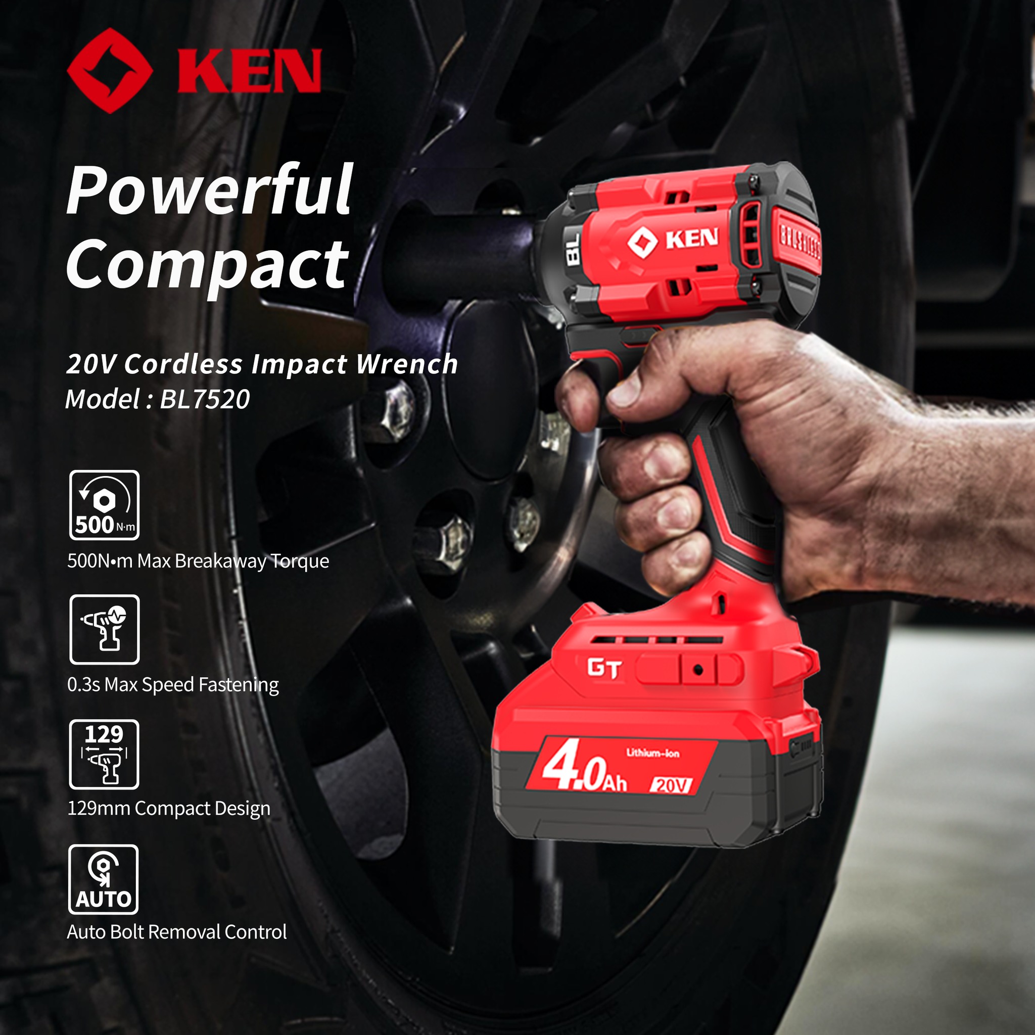 Ken Professional 20V Brushless Motor 1/2" 500Nm Cordless Impact Wrench ...