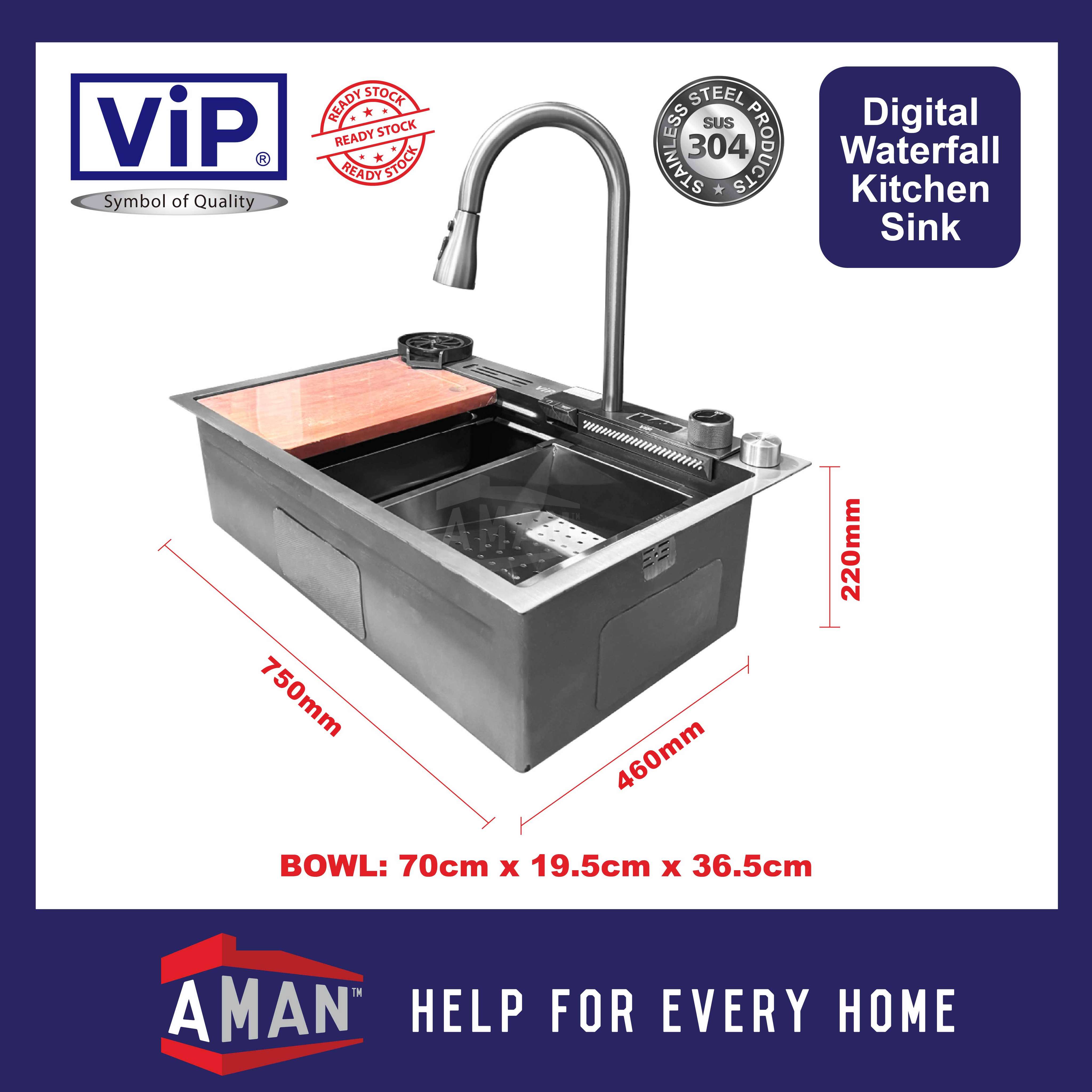 ViP Waterfall Kitchen Sink SUS 304 Stainless Steel Single Bowl Digital ...