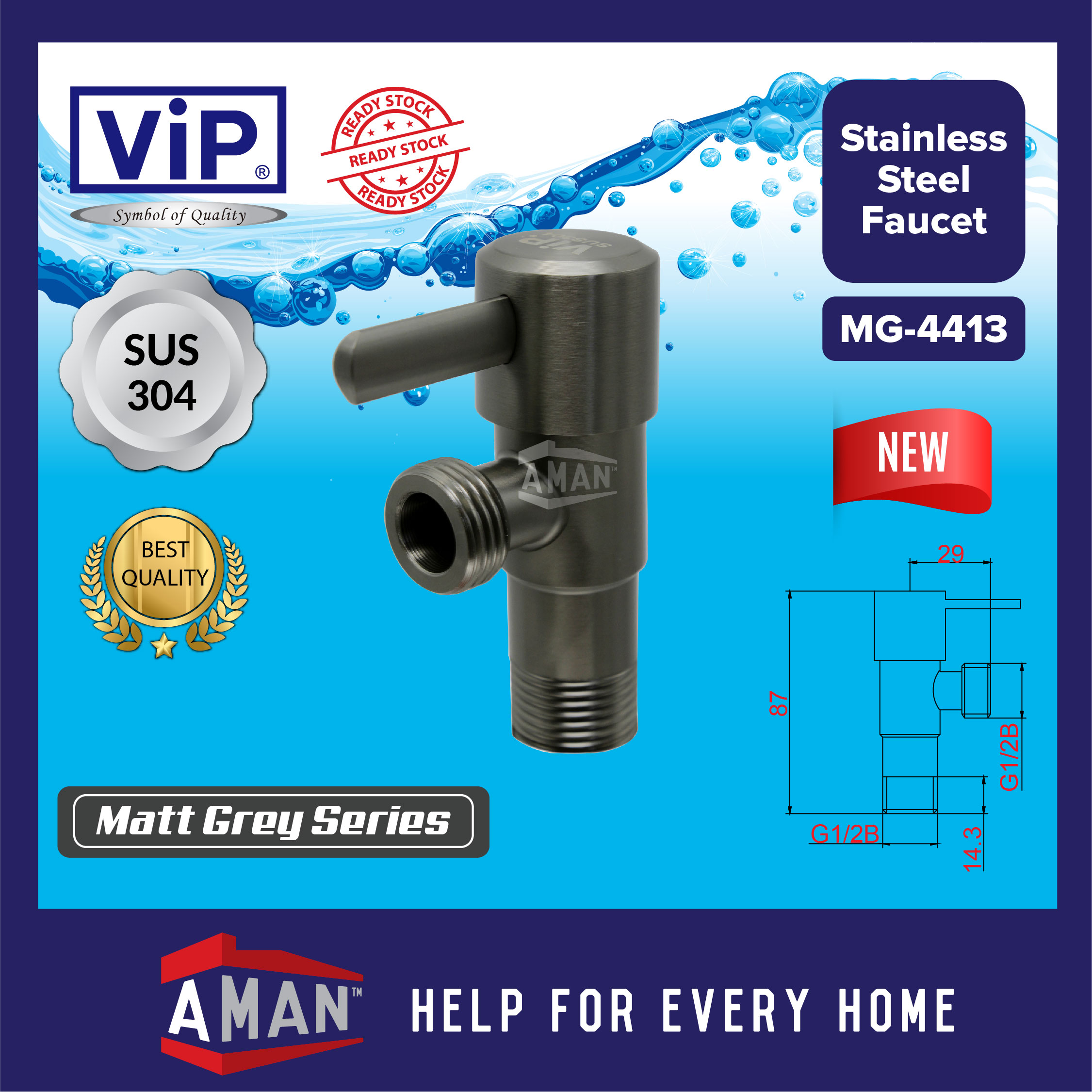 ViP SUS-304 Stainless Steel Matt Grey Quarter Turn One Way Angle Valve ...