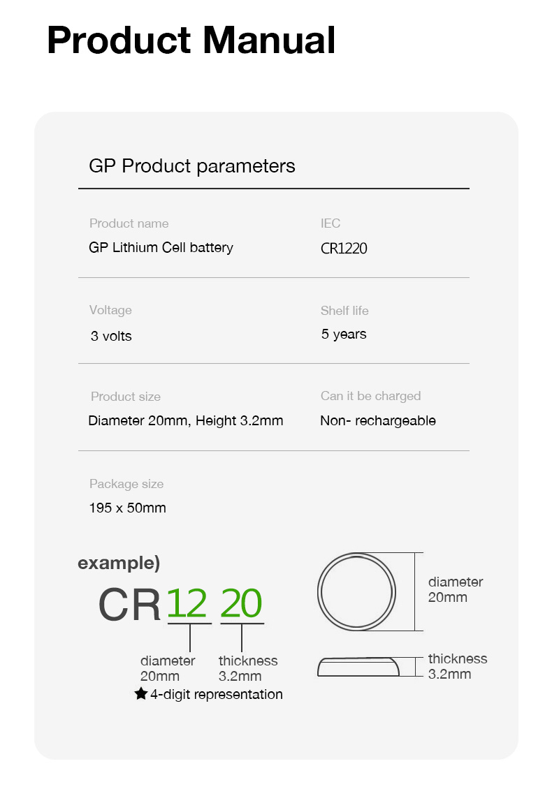 GP Lithium Coin Cells Battery CR1220 [ Card of 1s ] (ECR1220 DL1220 ...