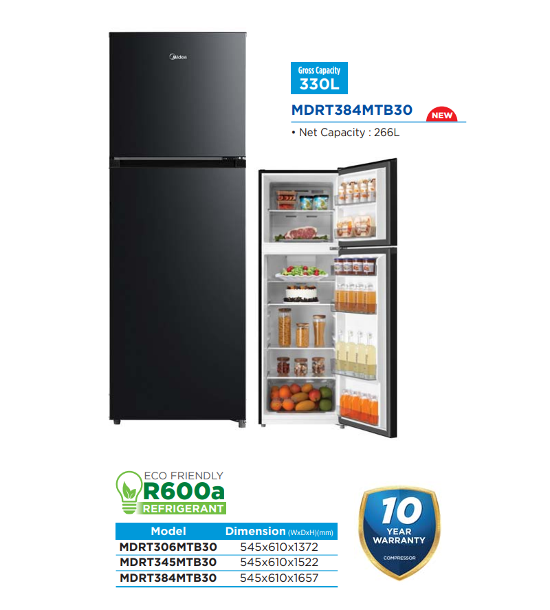 Midea Refrigerator 2 Door Inverter 330L Gross Fridge Peti Sejuk Peti ...