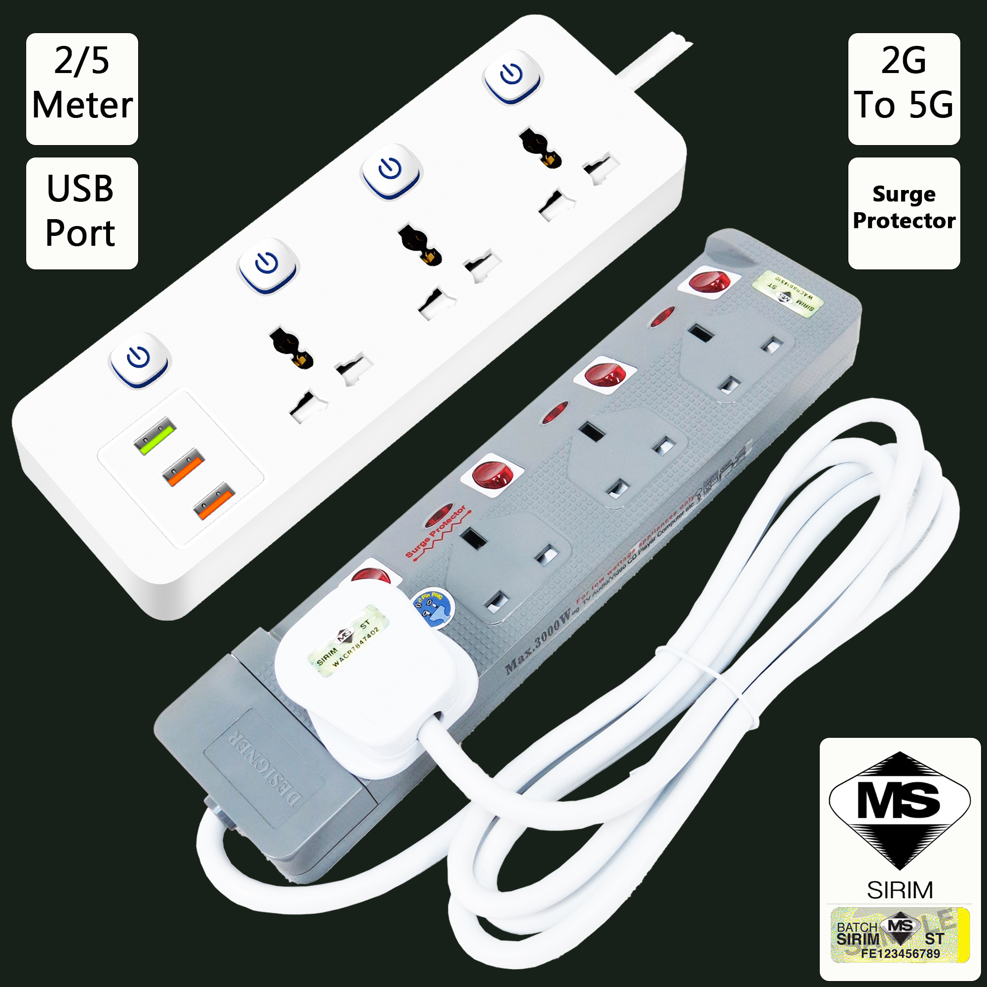 3H 13A 2 Gang To 5 Gang Multi Socket USB Port Power Extension Trailing ...