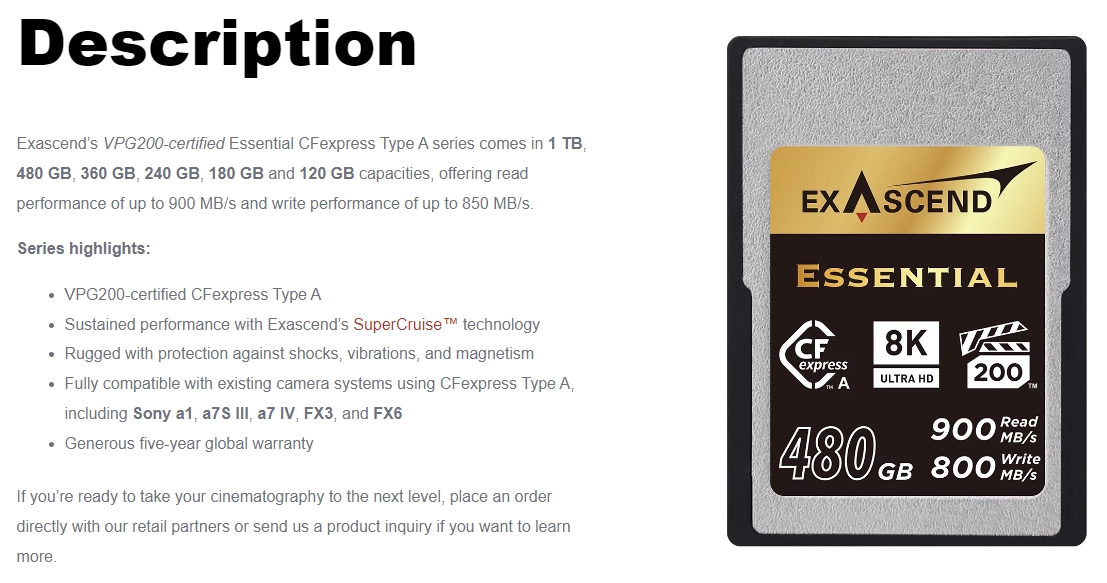 Exascend Essential 120GB / 180GB / 240GB CFexpress Type A Card Memory ...