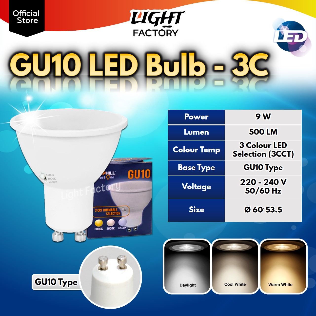 GU10 LED Bulb 9W 3 Colour LED Light Bulb Dimmable 220V Super Bright ...
