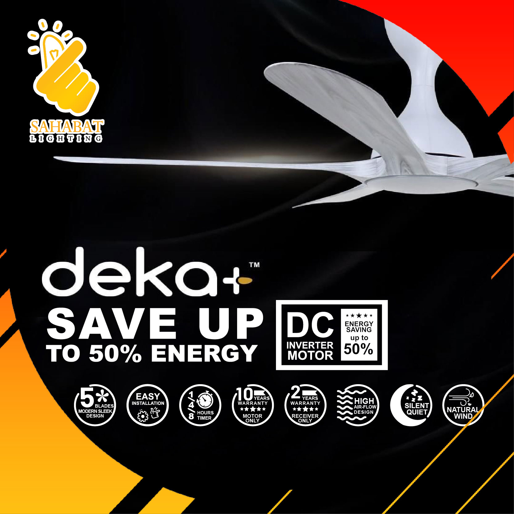 Deka Heli 56 Inch 5 Blades Dc Motor 16 Speeds + Turbo Ceiling Fan With ...