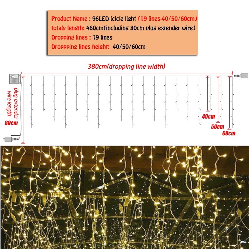 ️Curtain Light 4M 96LED Waterproof Fairy Light Hari Raya Light 8Modes Icicle Curtain String ...