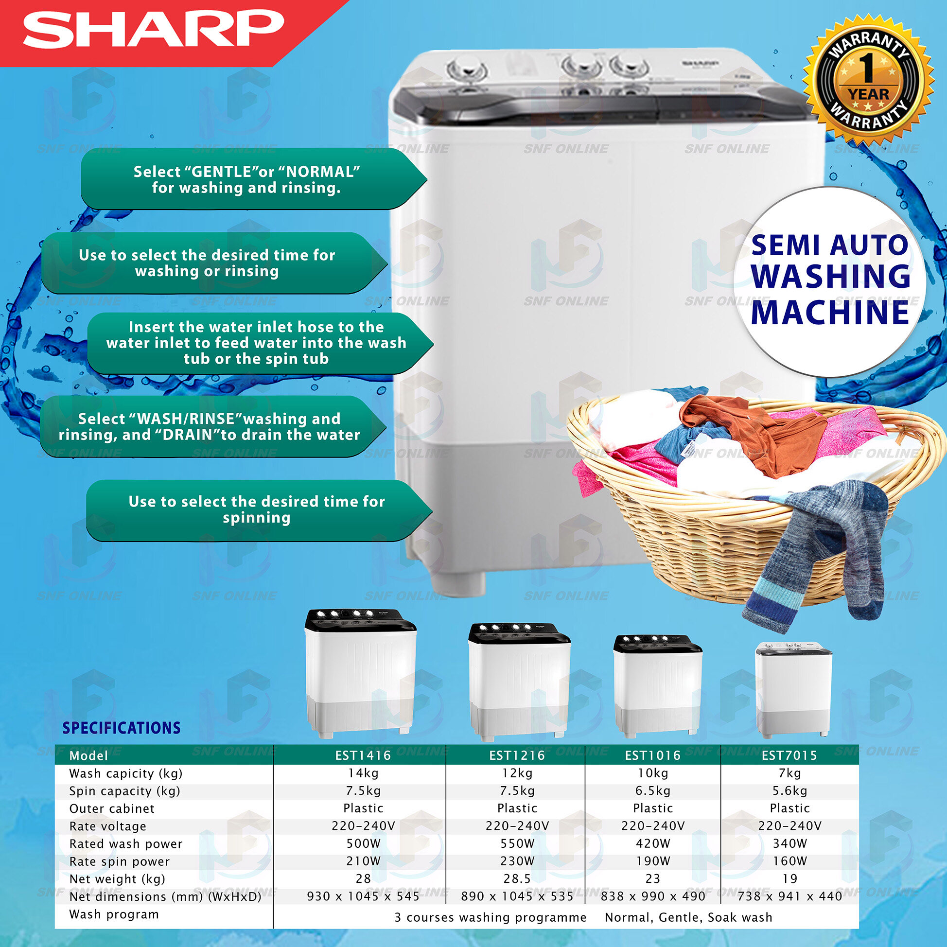 Sharp 7KG / 10KG / 12KG / 14KG Semi Auto Washing Machine EST7015 ...