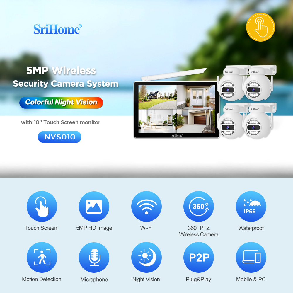5MP SriHome NVR WiFi Touch Screen Monitor + 4pc 2K PTZ Camera Night ...
