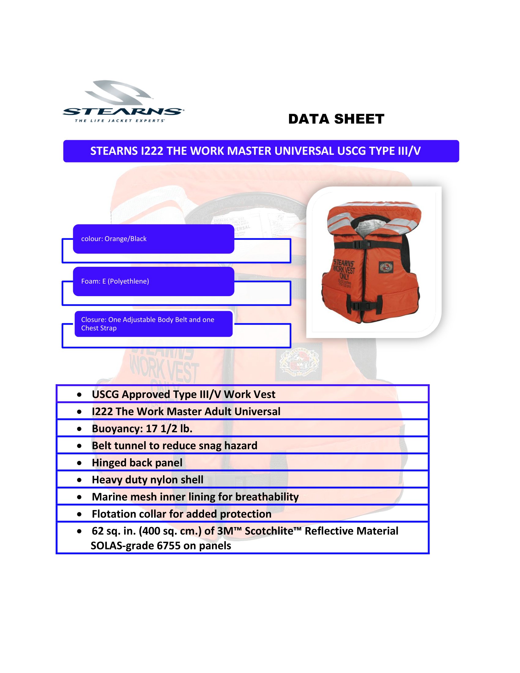 STEARNS I222 LIFE JACKET/SAFETY VEST/WORK VEST/MARINE VEST UNIVERSAL ...