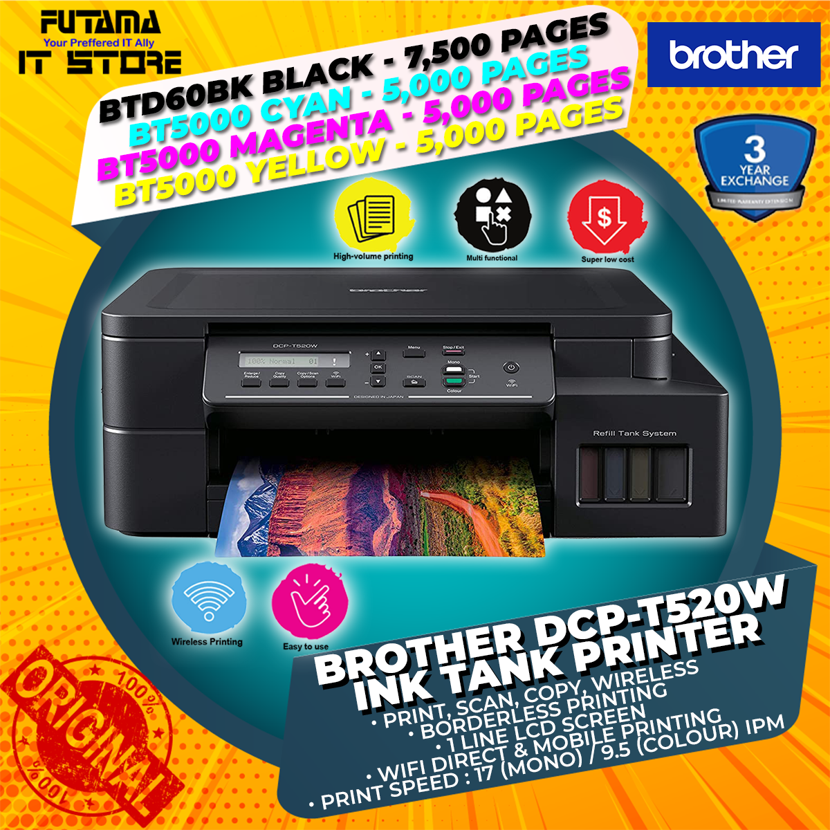 Brother DCP-T520W Ink Tank Printer - Print/Scan/Copy/Wi-Fi Direct ...