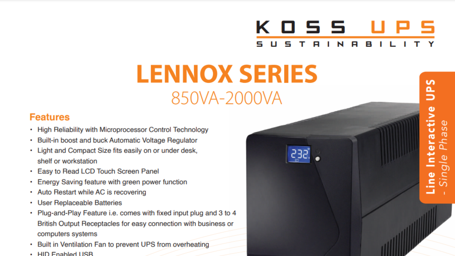 KOSS Lennox Series 850VA 510W UPS AVR Uninterrupted Power Supply LED ...