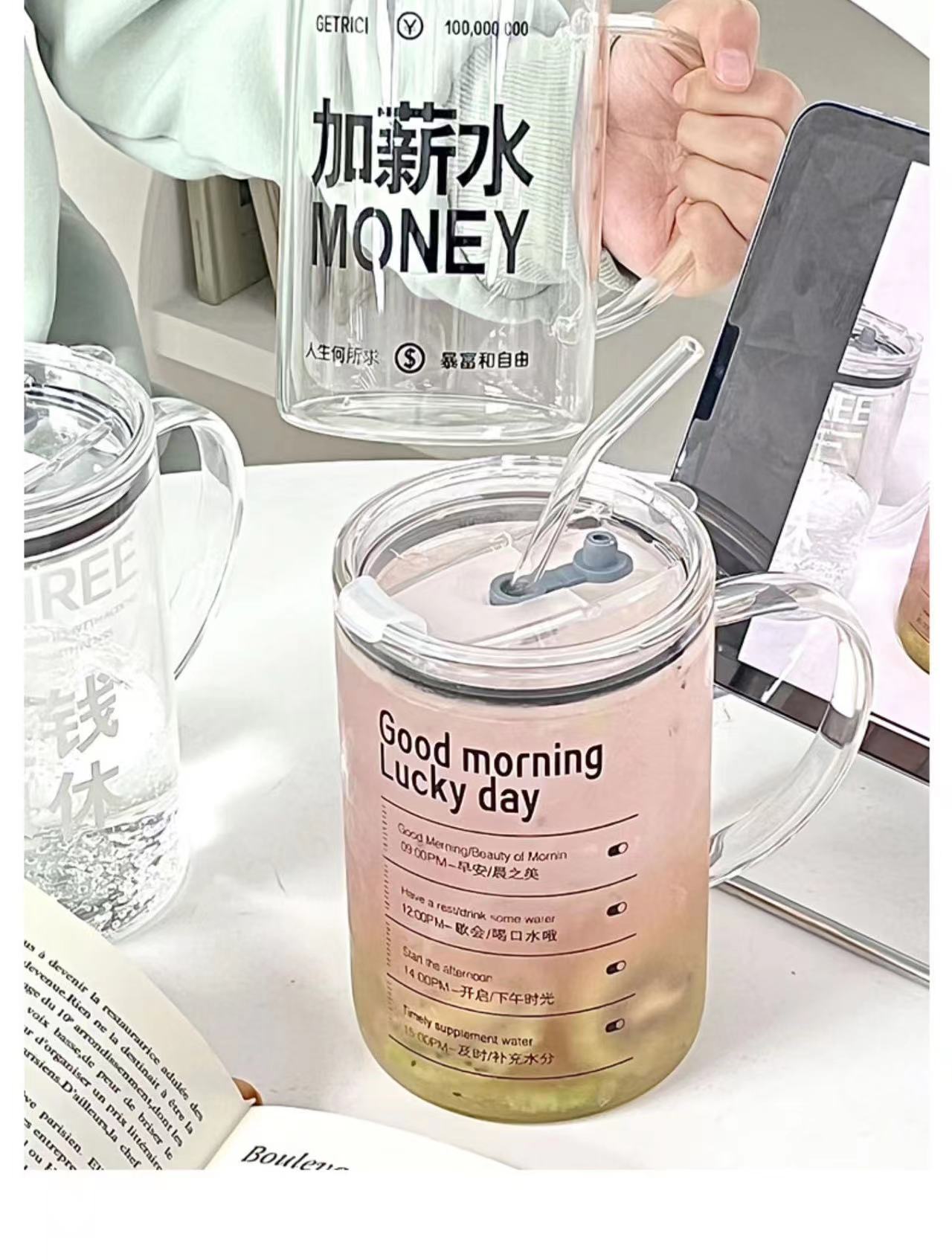 Ins Style 1000ml Glass Cups With Lid And Straw Cute Coffee Mugs Big ...
