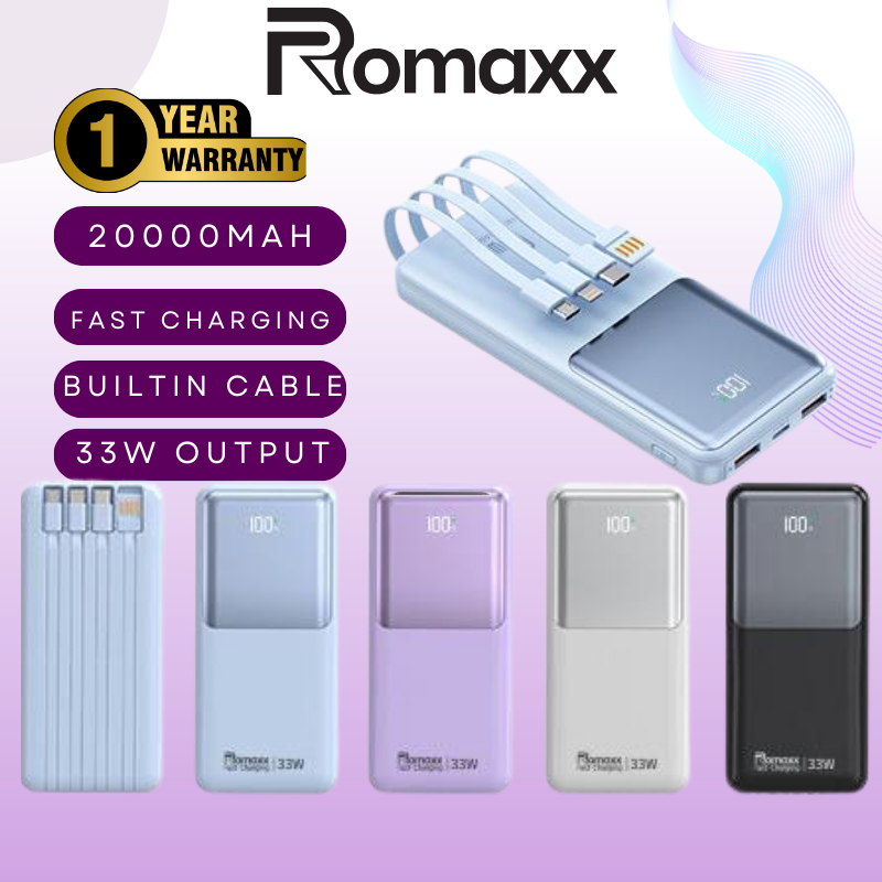 Romaxx powerbank F7 PD & QC3.0 Built In Type C/iphone/micro Cable 33W with LED Display 20000mah ...