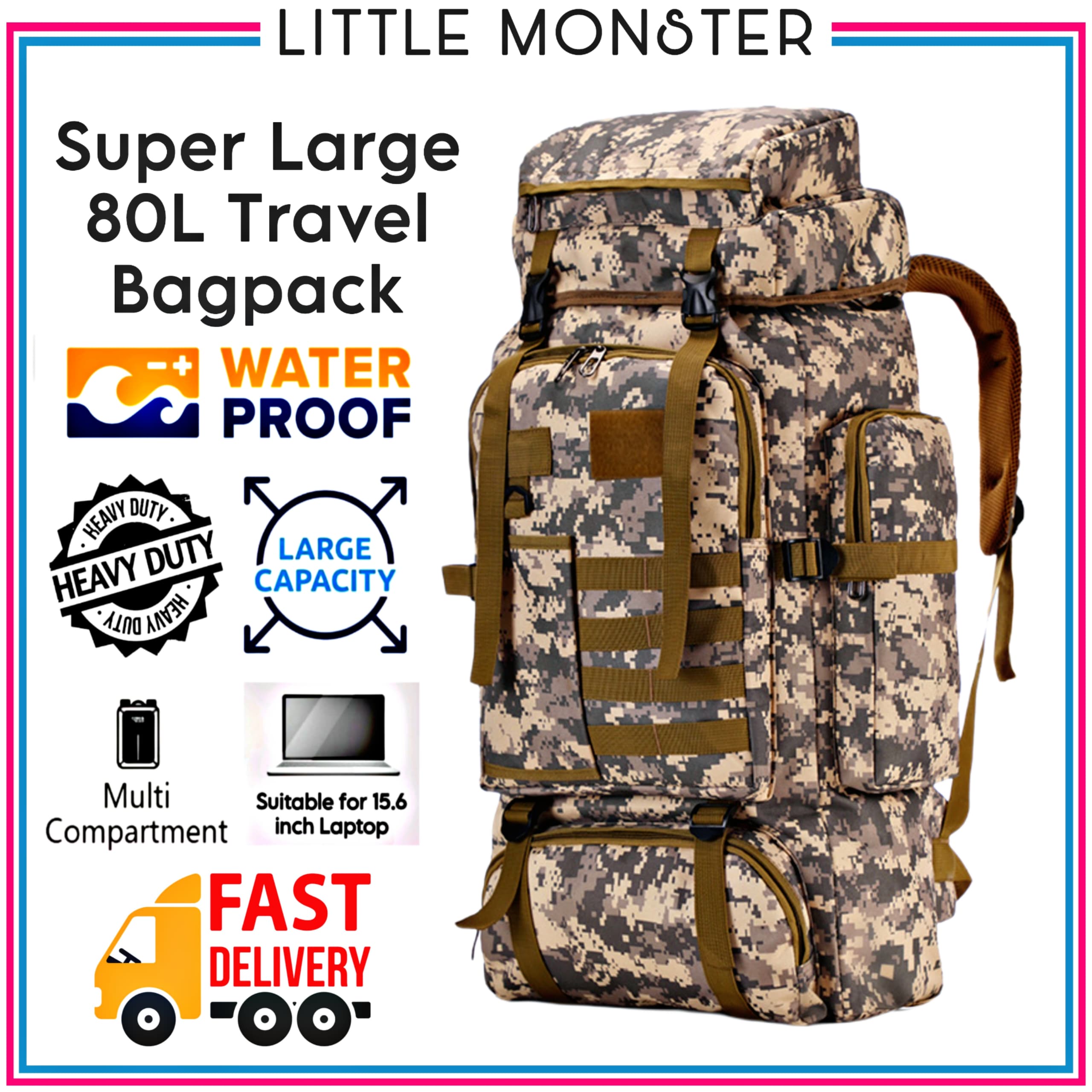 70L Large Capacity Backpack Waterproof Beg Hiking Bag Military Daki ...