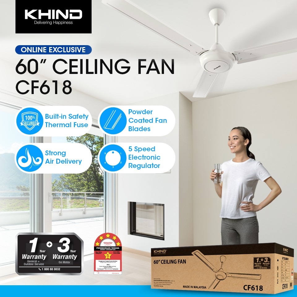 3 SET x KHIND 60" Ceiling Fan CF618 WHITE BLACK / Kipas Siling 3 daun ...