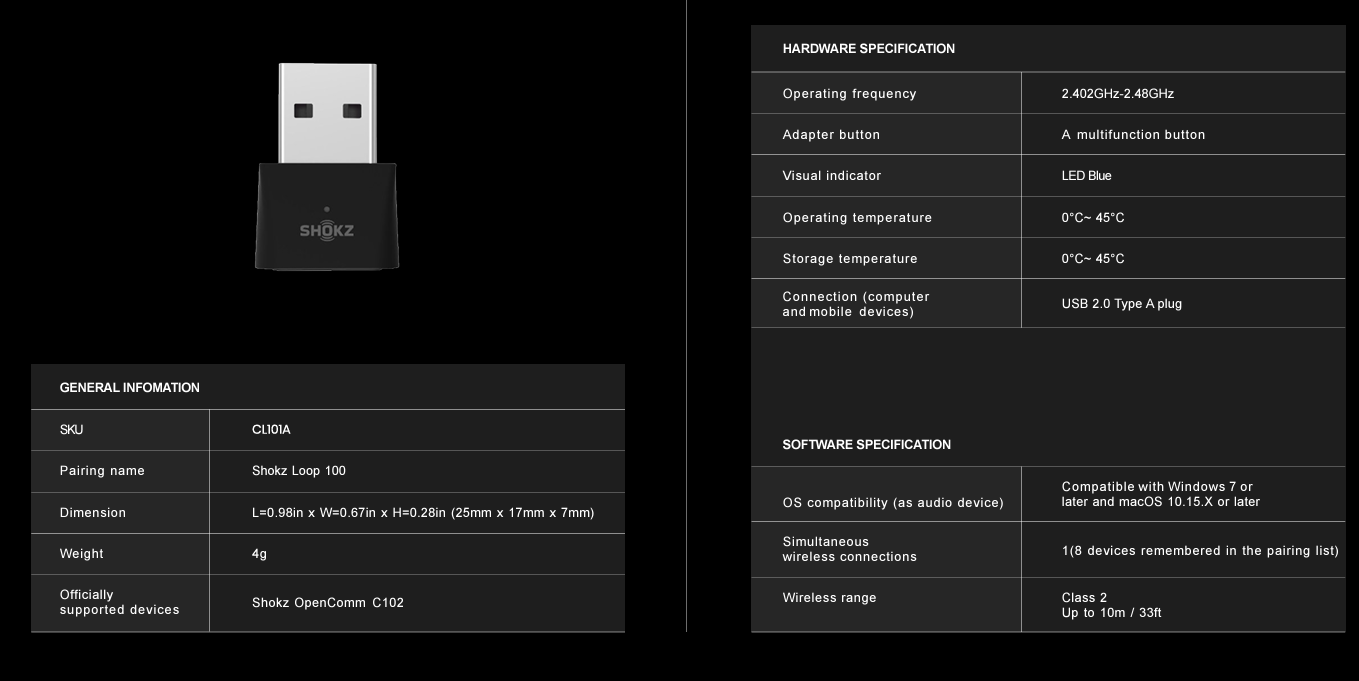 SHOKZ Loop 100 USB-A Wireless Adapter for OpenComm & OpenComm UC ...