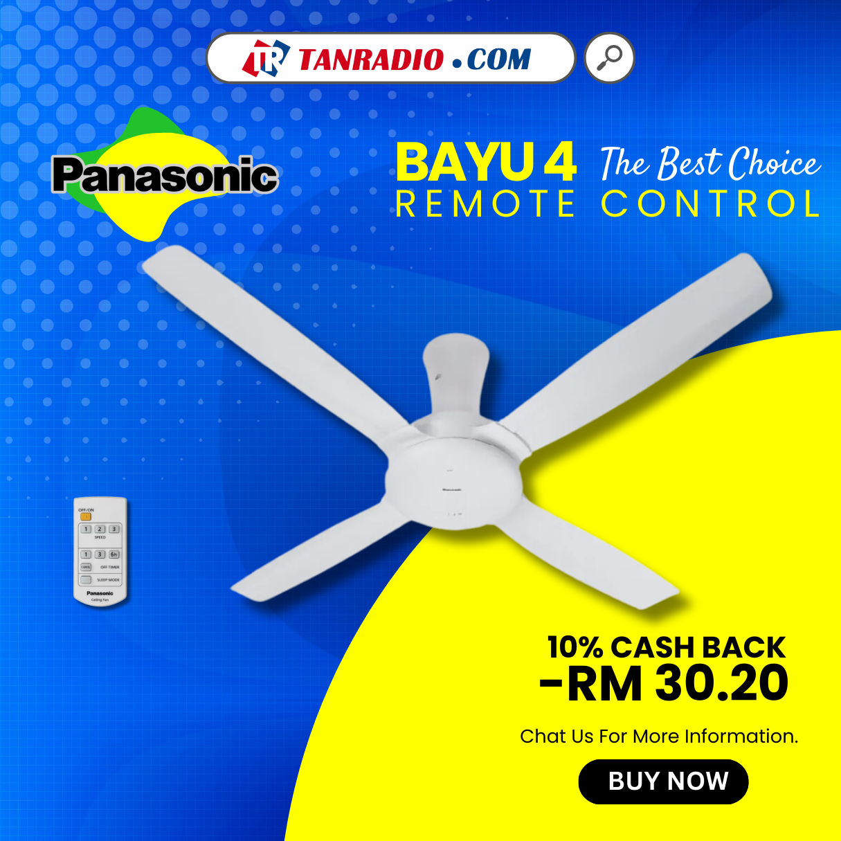 Panasonic BAYU 4 Blade Ceiling Fan - White (56") PANA-F-M14CZVBWH ...