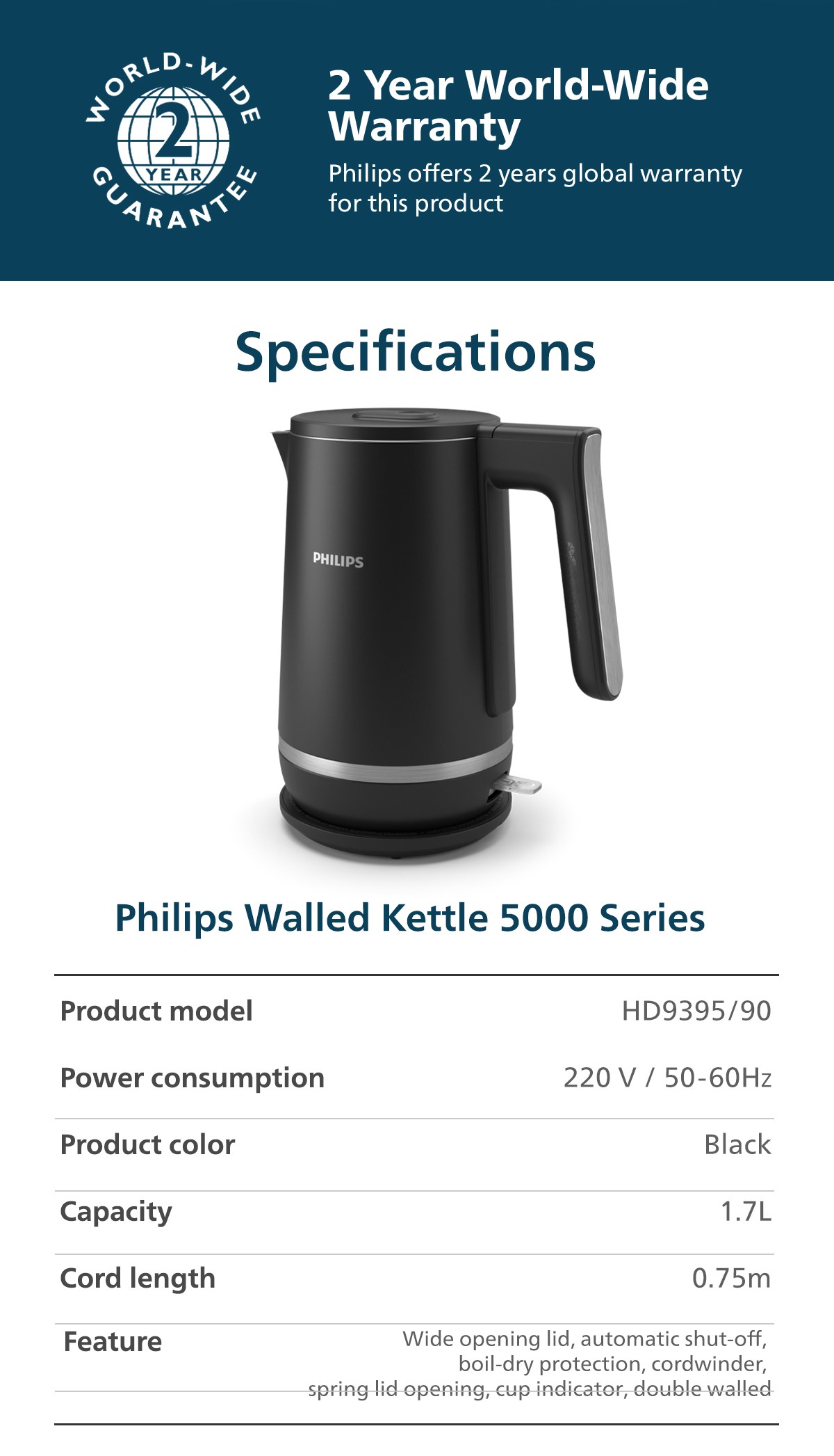 Philips Double Wall Jug Kettle Black (1.7L/2200W) HD9395 | HD9395/90 ...