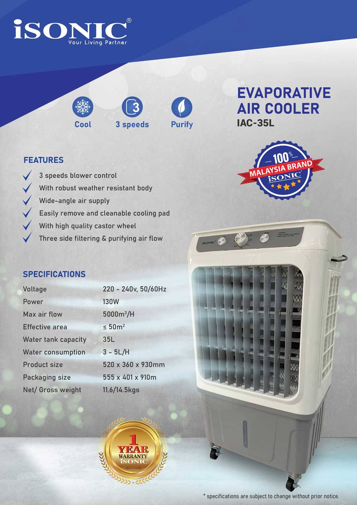Isonic Air Cooler IAC-35L BIG Tall 35L IAC35L Ice pad Ice Compartment Ais Cooling Fan Air ...