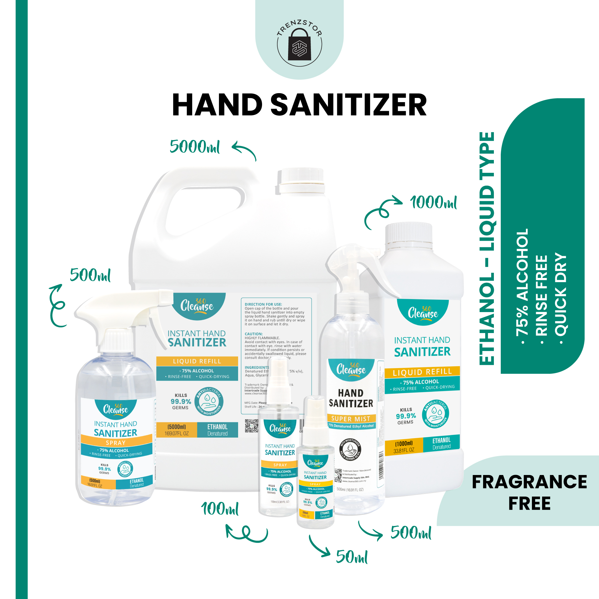 Cleanse360 Hand Sanitizer 75% Ethanol Alcohol [Liquid/Spray - 500ml] [Ethanol / IPA Alcohol ...