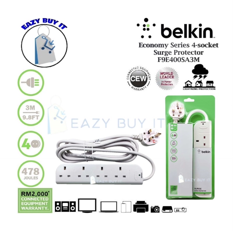 BELKIN 4-GANG SOCKET WITH SURGE PROTECTOR (3M) [F9E400SA3M] | Shopee ...