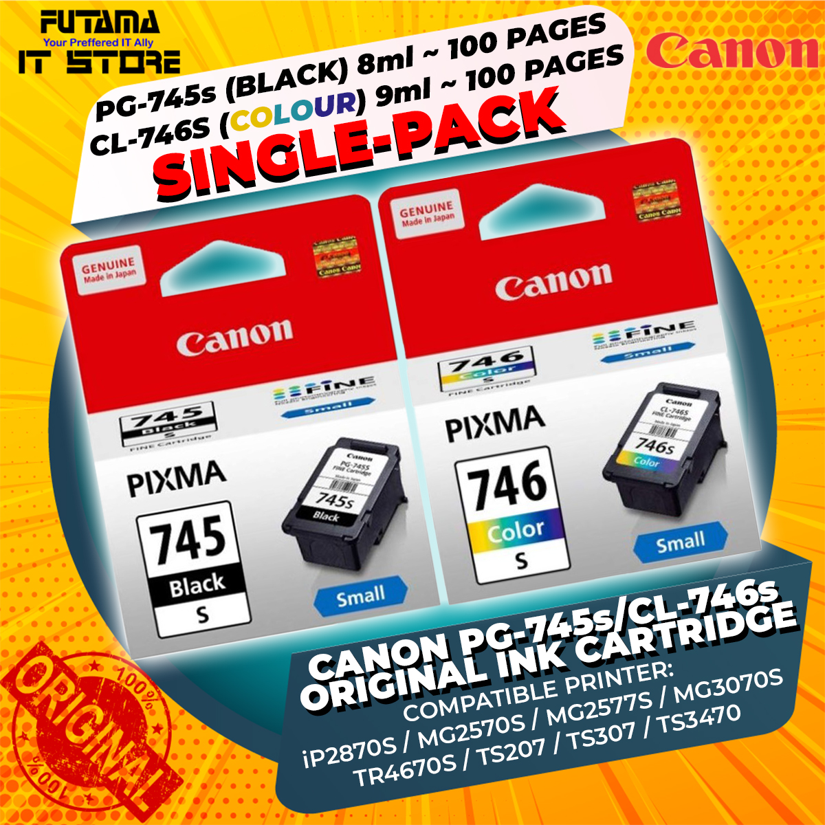 Canon PIXMA PG-745s (Black) & CL-745s (Color) Genuine Ink Cartridge ...