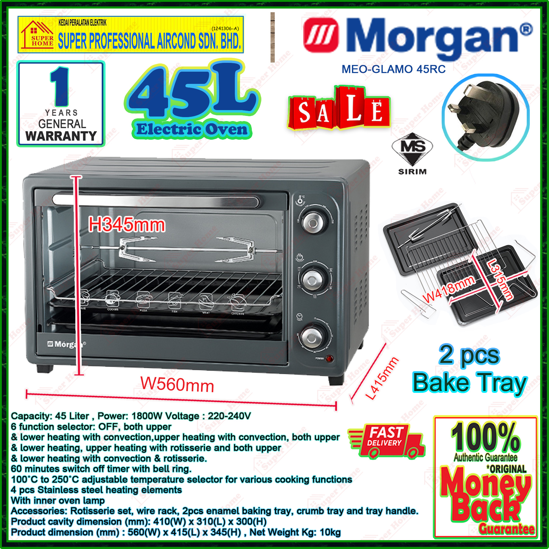 Morgan Electric Oven MEO-GLAMO 45RC Convection Electric Oven 45L (Free ...