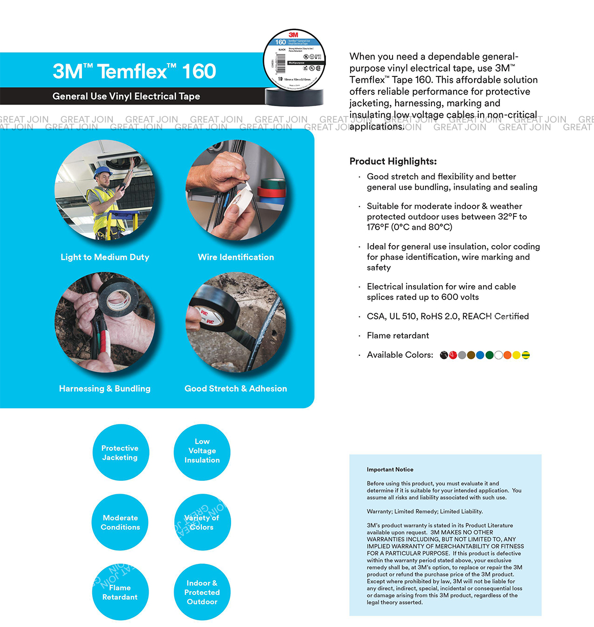 3M Temflex 160 Electrical Tape Vinyl Electrical Tape/ PVC Tape ...