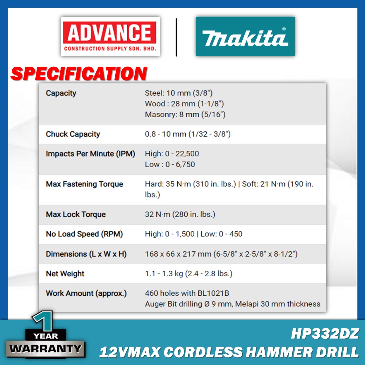 MAKITA HP332D / HP332DZ 12Vmax Cordless Hammer Driver Drill 10MM (3/8 ...