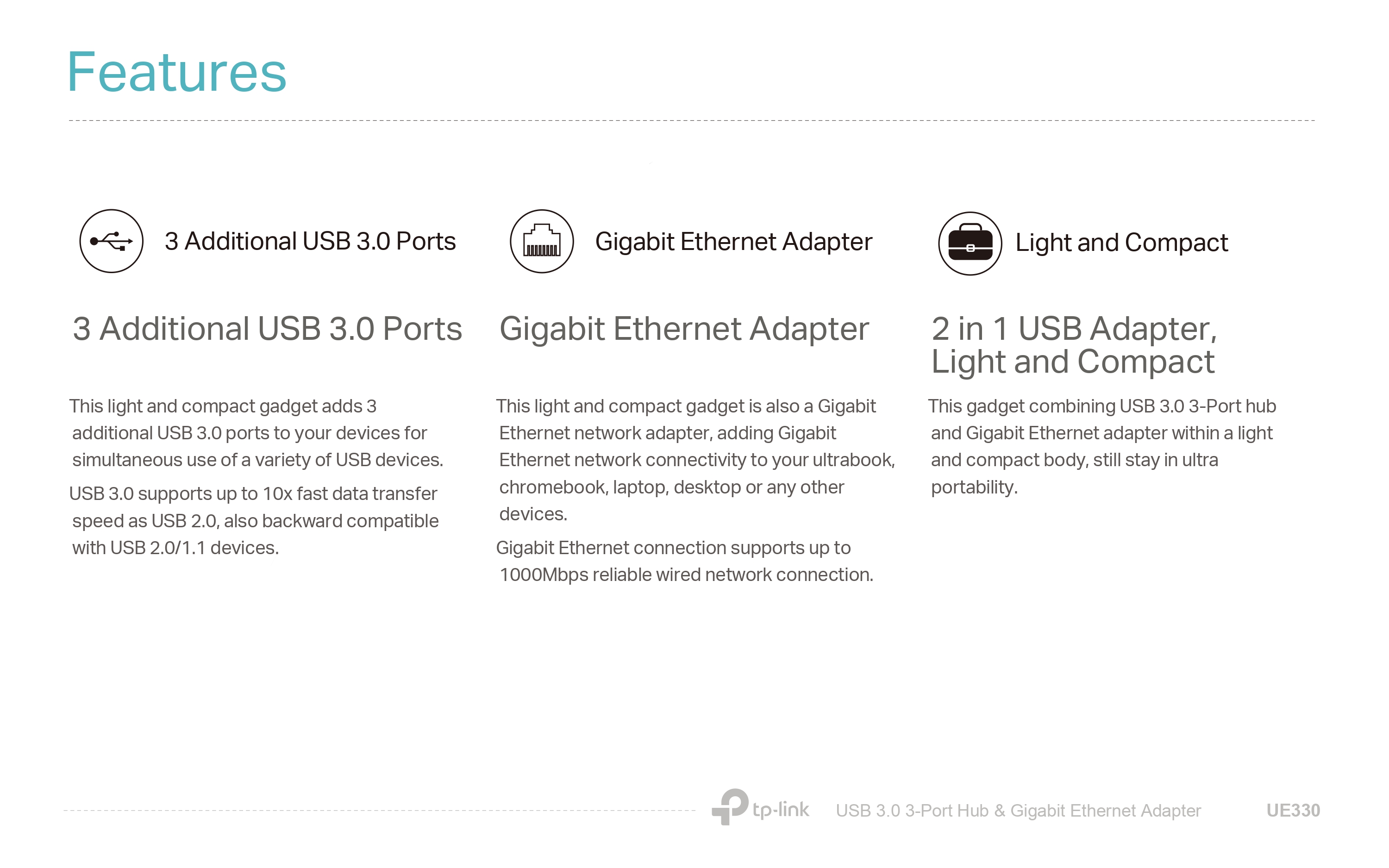 TP-LINK UE330 USB 3.0 3-Port HUB & GIGABIT ETHERNET ADAPTER 2-IN-1 USB ...