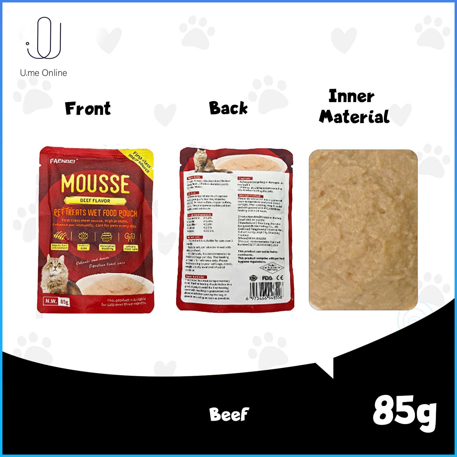 U.me x Ume Pet Mousse Beef Chicken & Tuna Wet Food Pouch 85g Paket Snek ...