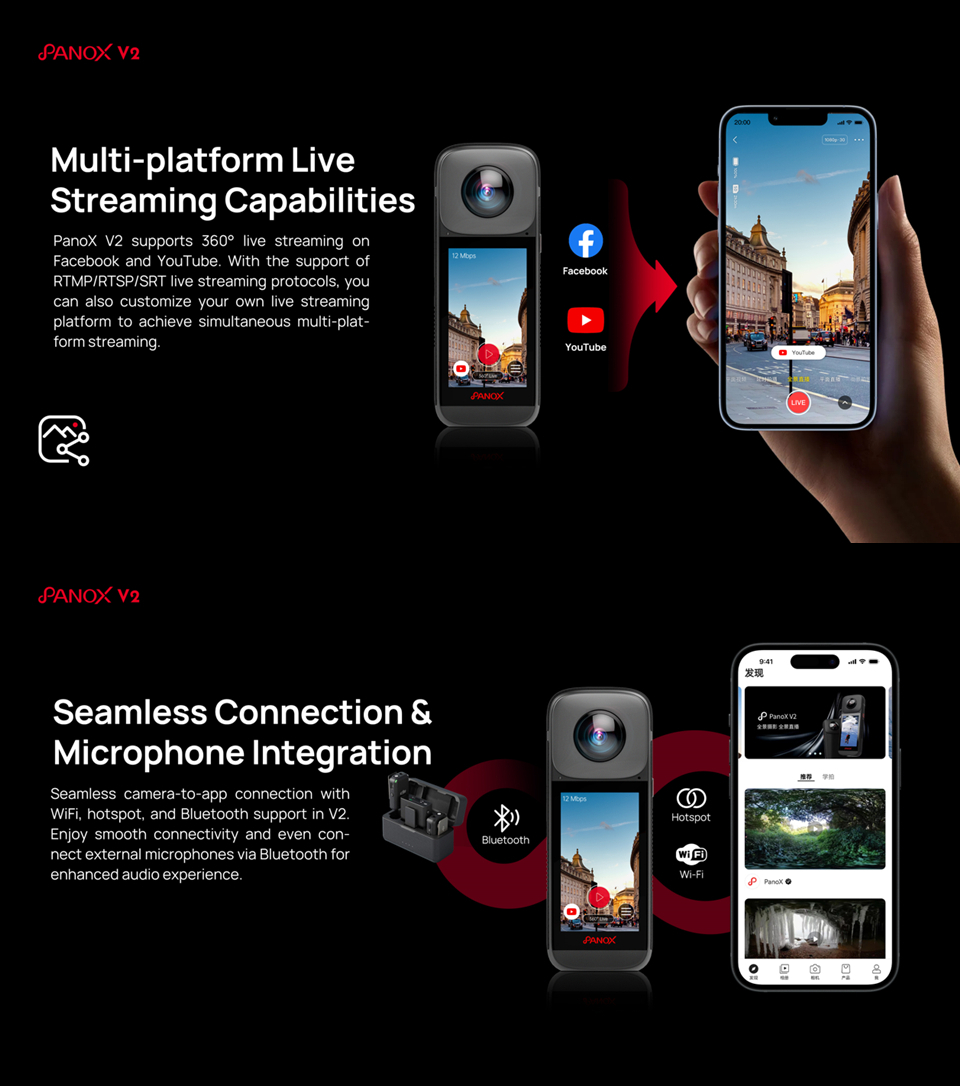 PanoX V2 8K 360° Video & 12K 360° Photo / Live FB & Youtube / Built-in GPS for Google Street ...