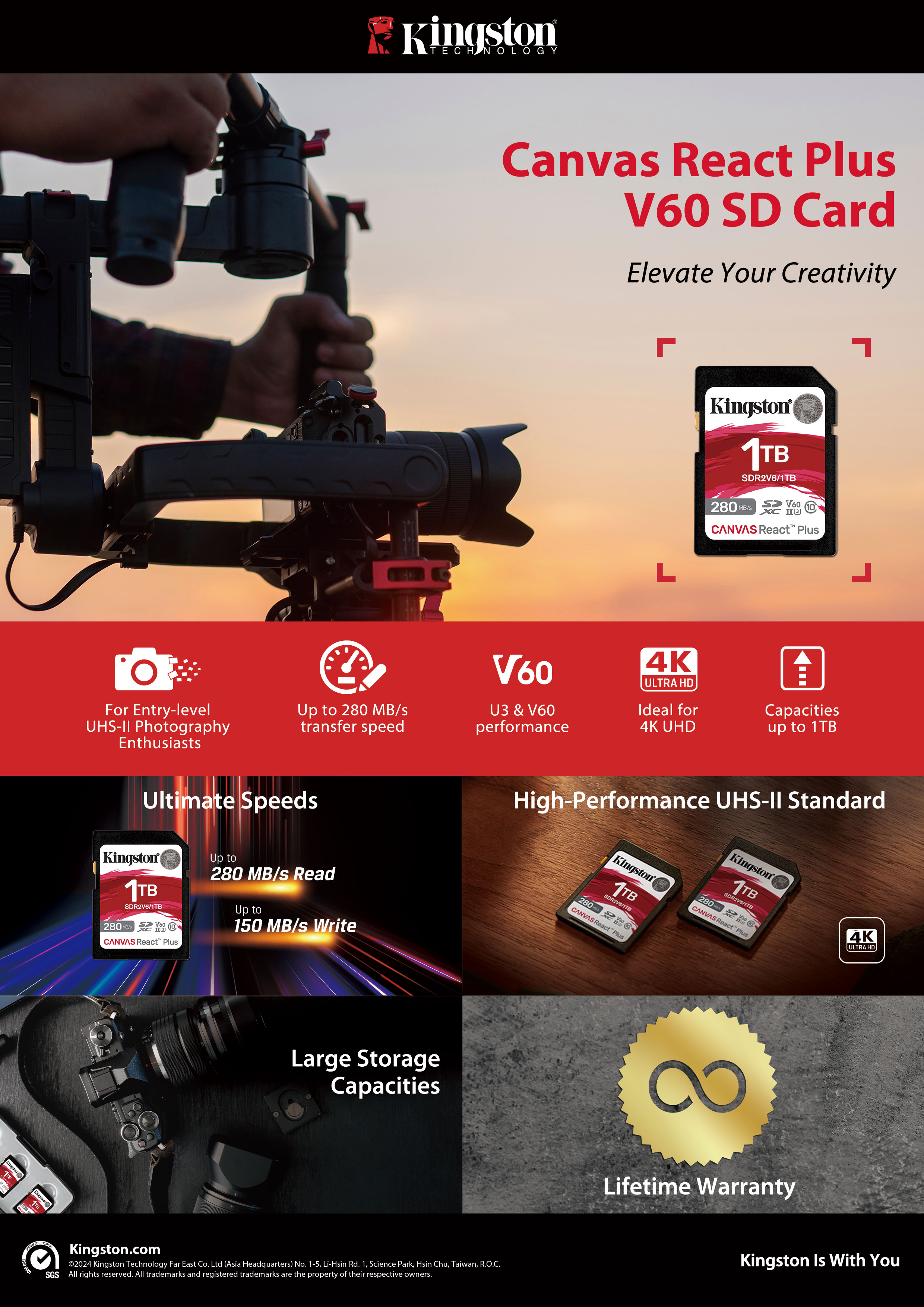 Kingston Canvas React Plus V60 SD Memory Card for 4K Video and DSLR (UHS-II, U3, V60) 1TB SDR2V6 ...