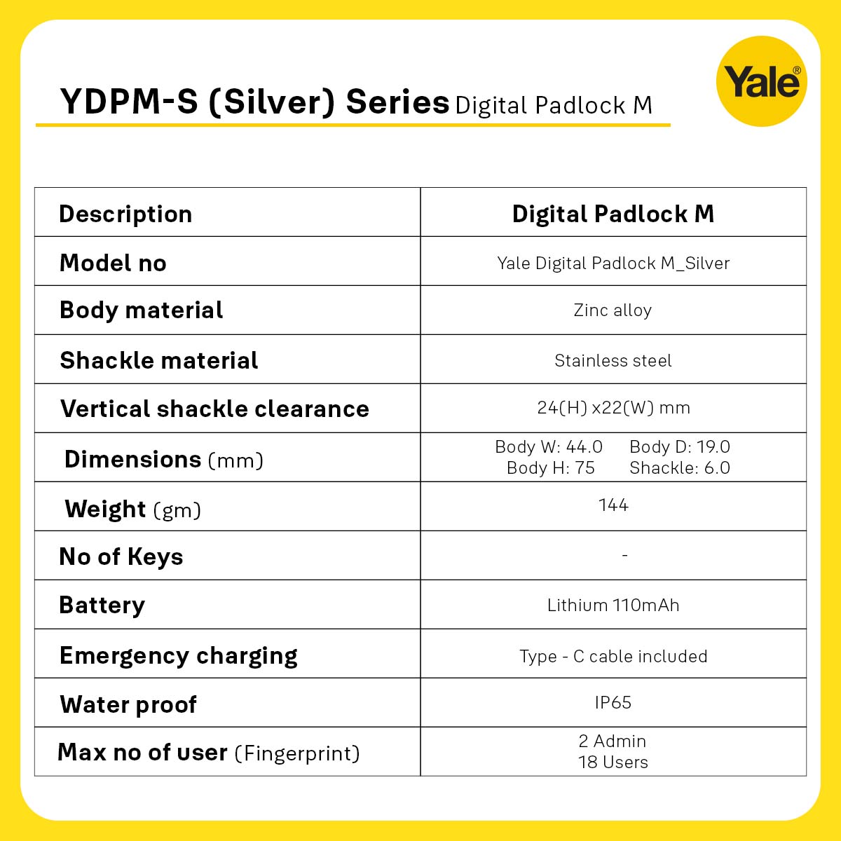 Yale Digital Padlock M_Silver YDPM-S - IP65/ S.Steel/ Type C Cable / 20 ...
