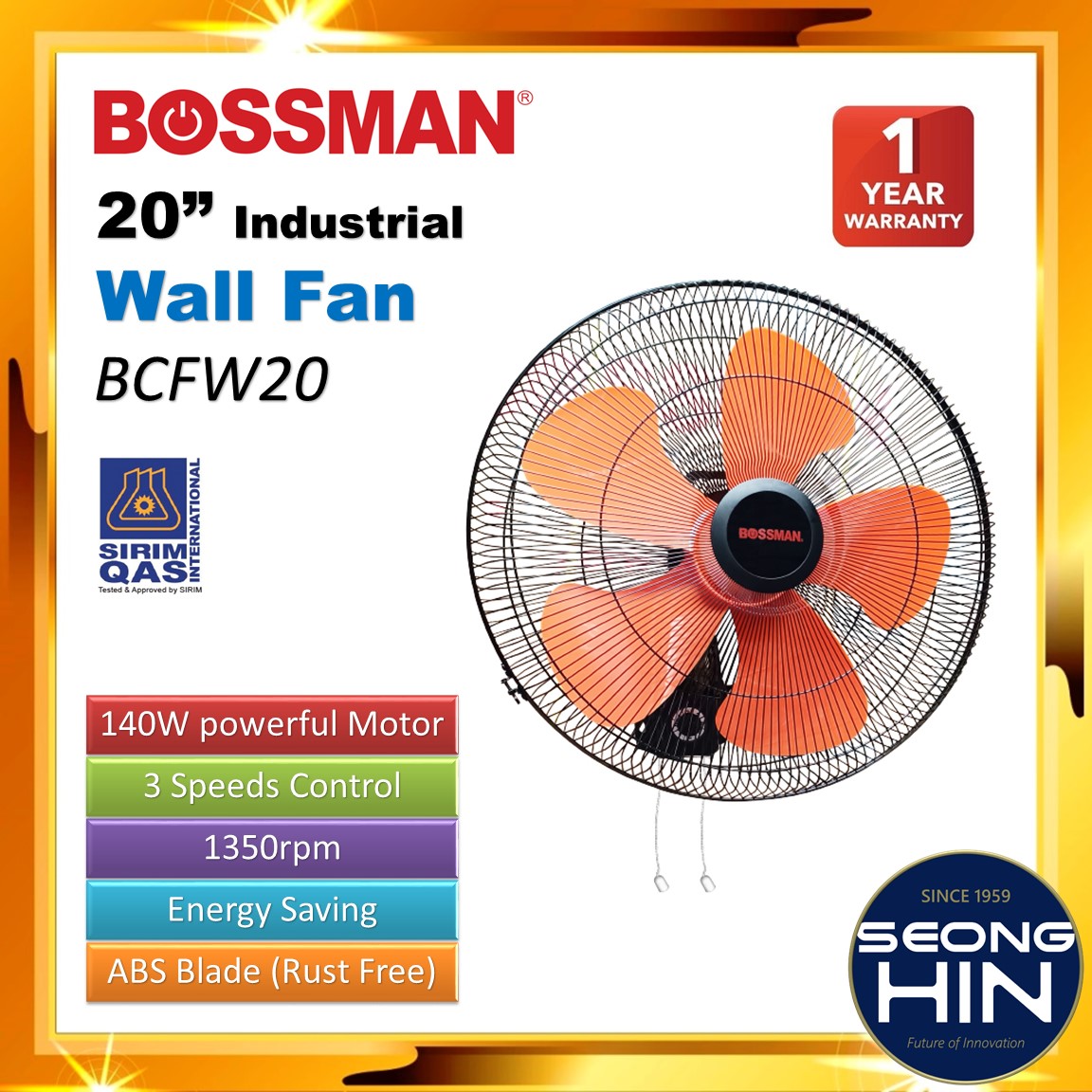 Bossman 20" Industrial Wall Fan BCFW20 KIPAS DINDING KHIND 20" WF2005 ...