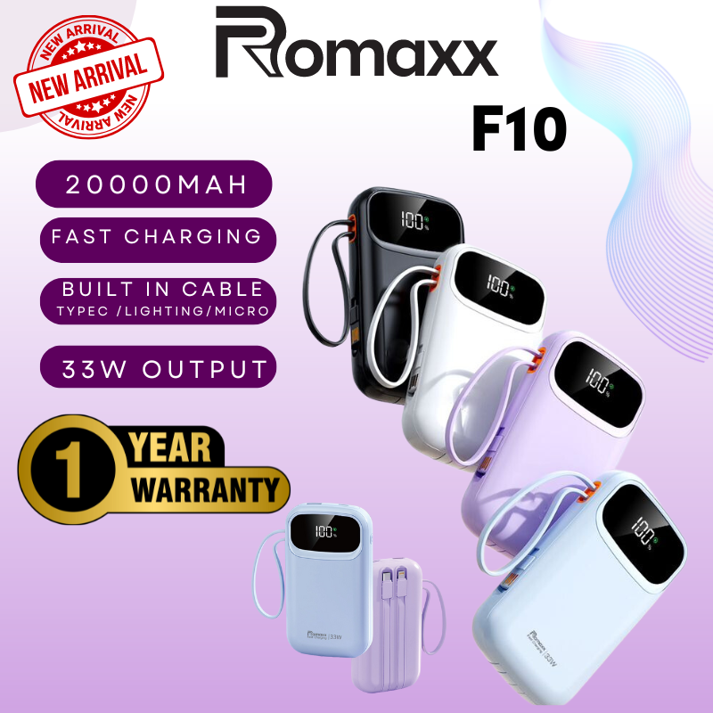 Romaxx F10 Power Bank 20000mAh PD Fast Charging 33w Powerbank Built in Dual-Cable Portable ...