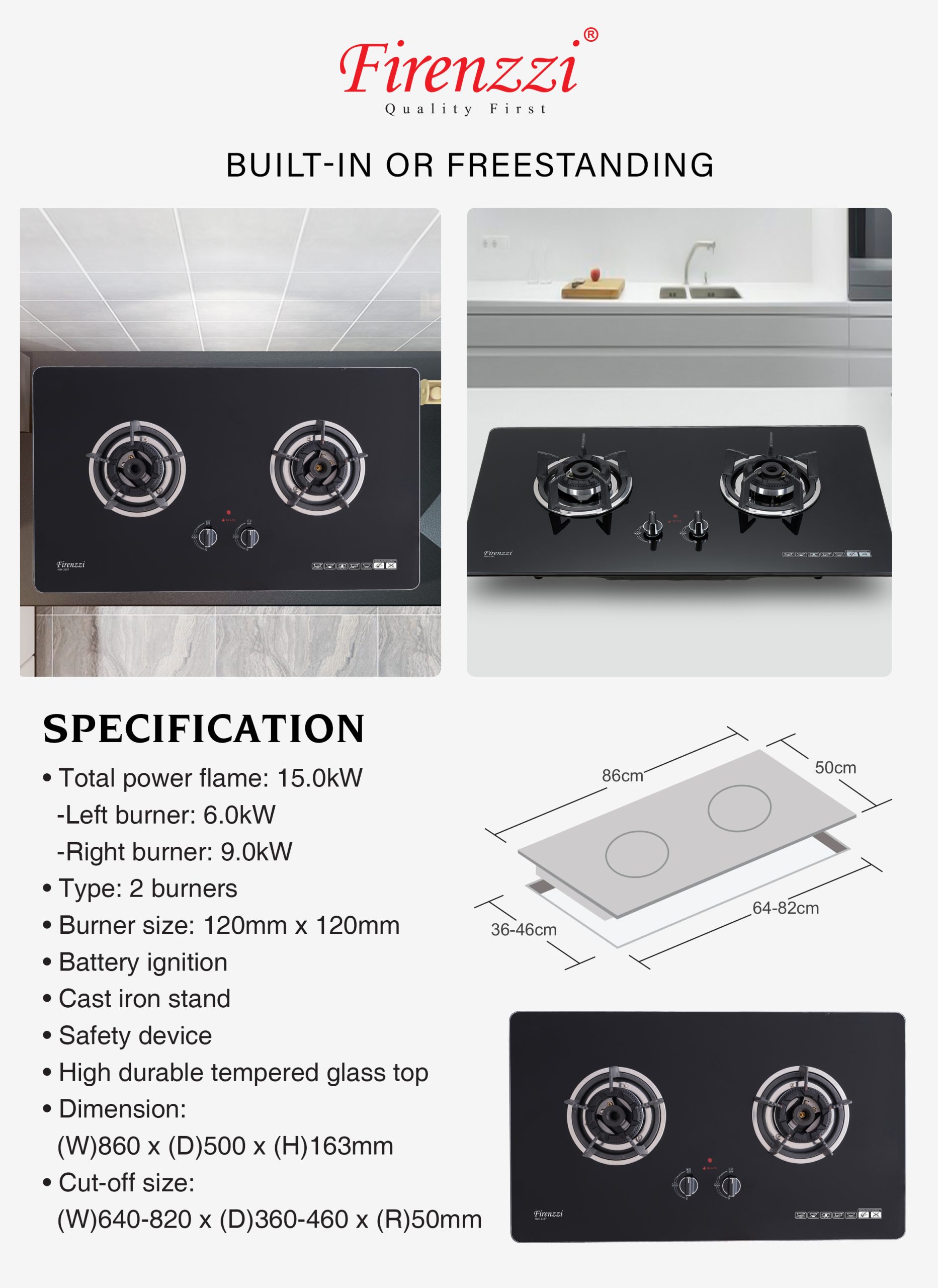 FIRENZZI Super High Flame 15.0kW Flexi Size Built in Hob Gas Hob 2 ...