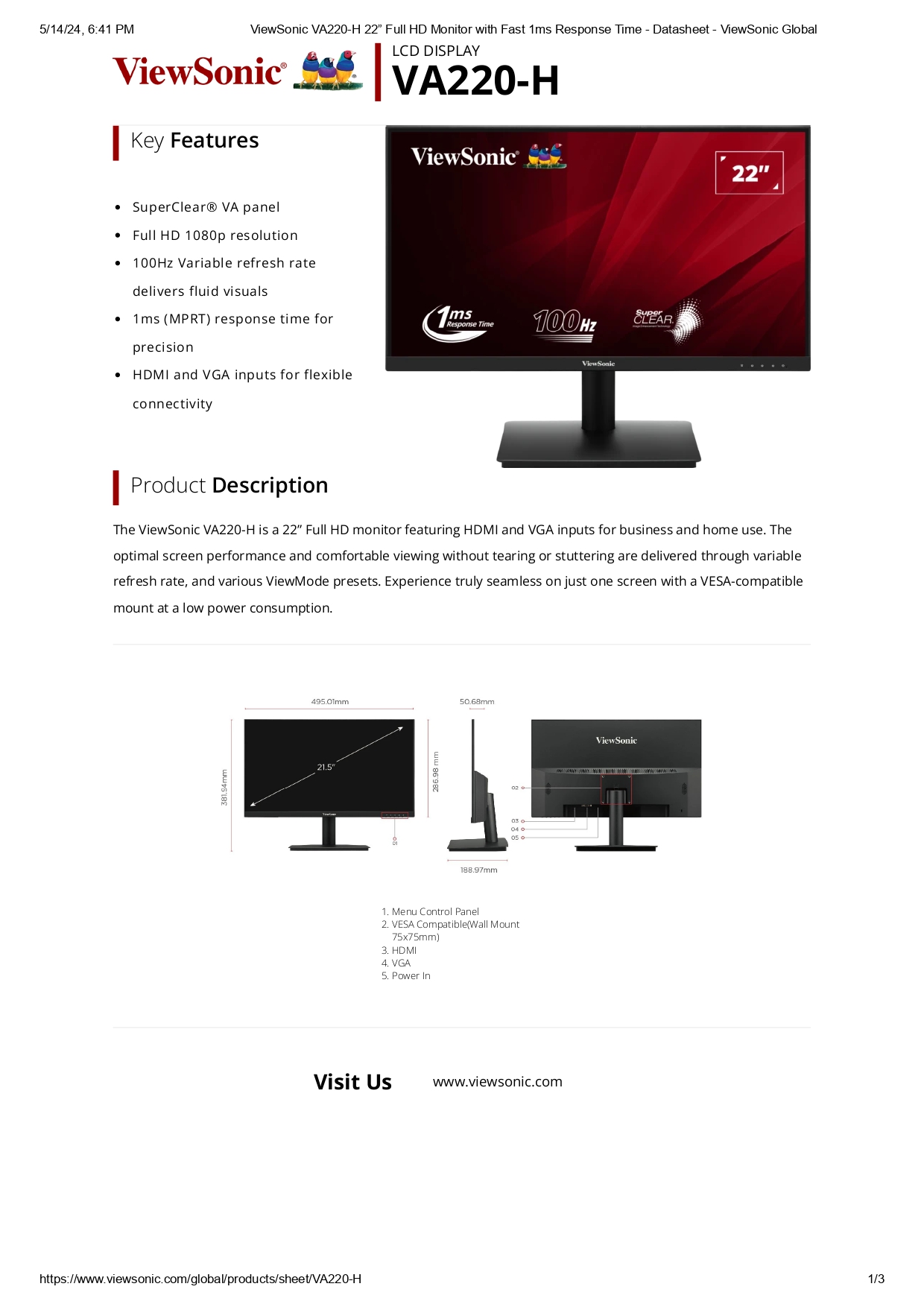 VIEWSONIC VA220-H 21.5" MONITOR ( 21.5" VA FHD / 1MS / 100HZ / AMD FREESYNC / VGA + HD MI ...
