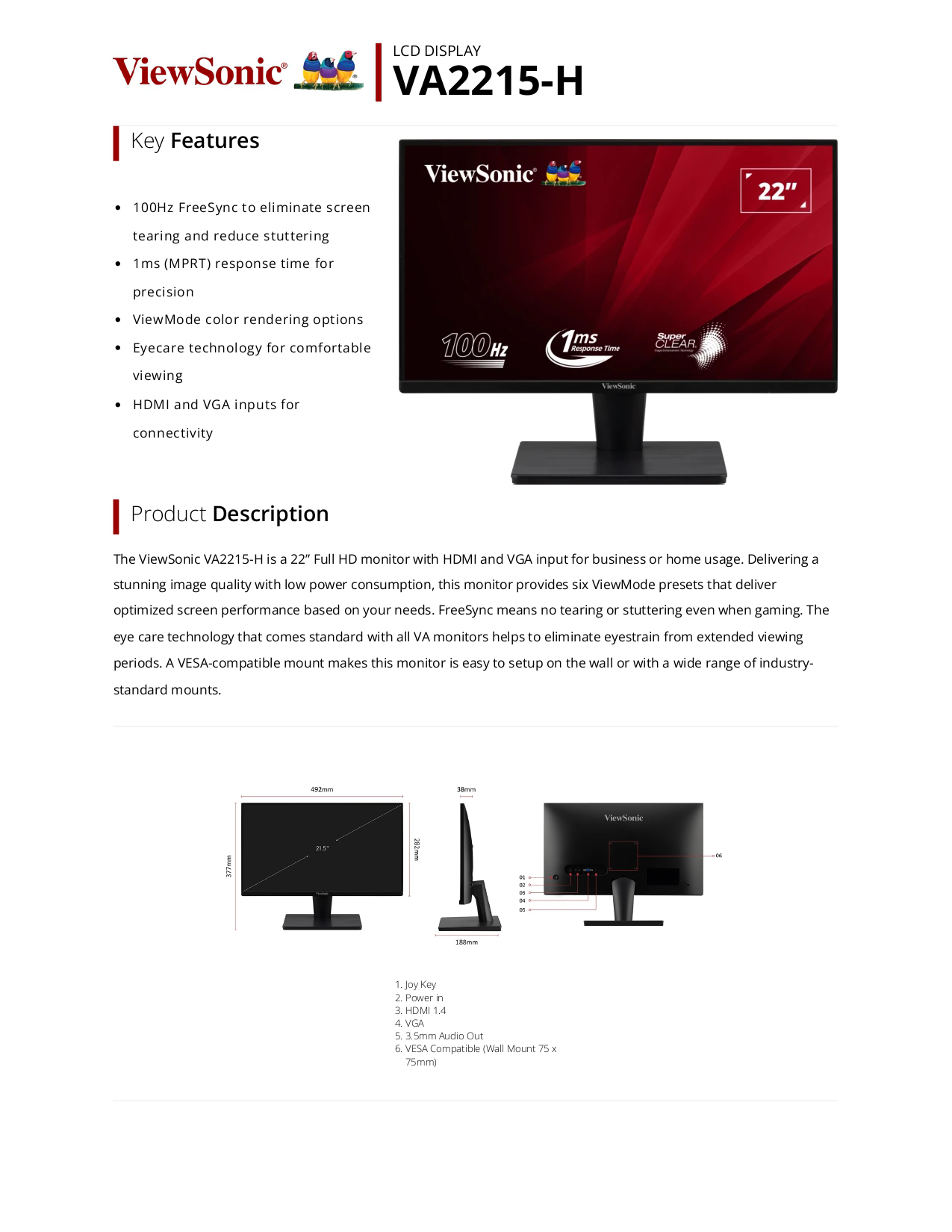 VIEWSONIC VA220-H 21.5" MONITOR ( 21.5" VA FHD / 1MS / 100HZ / AMD FREESYNC / VGA + HD MI ...